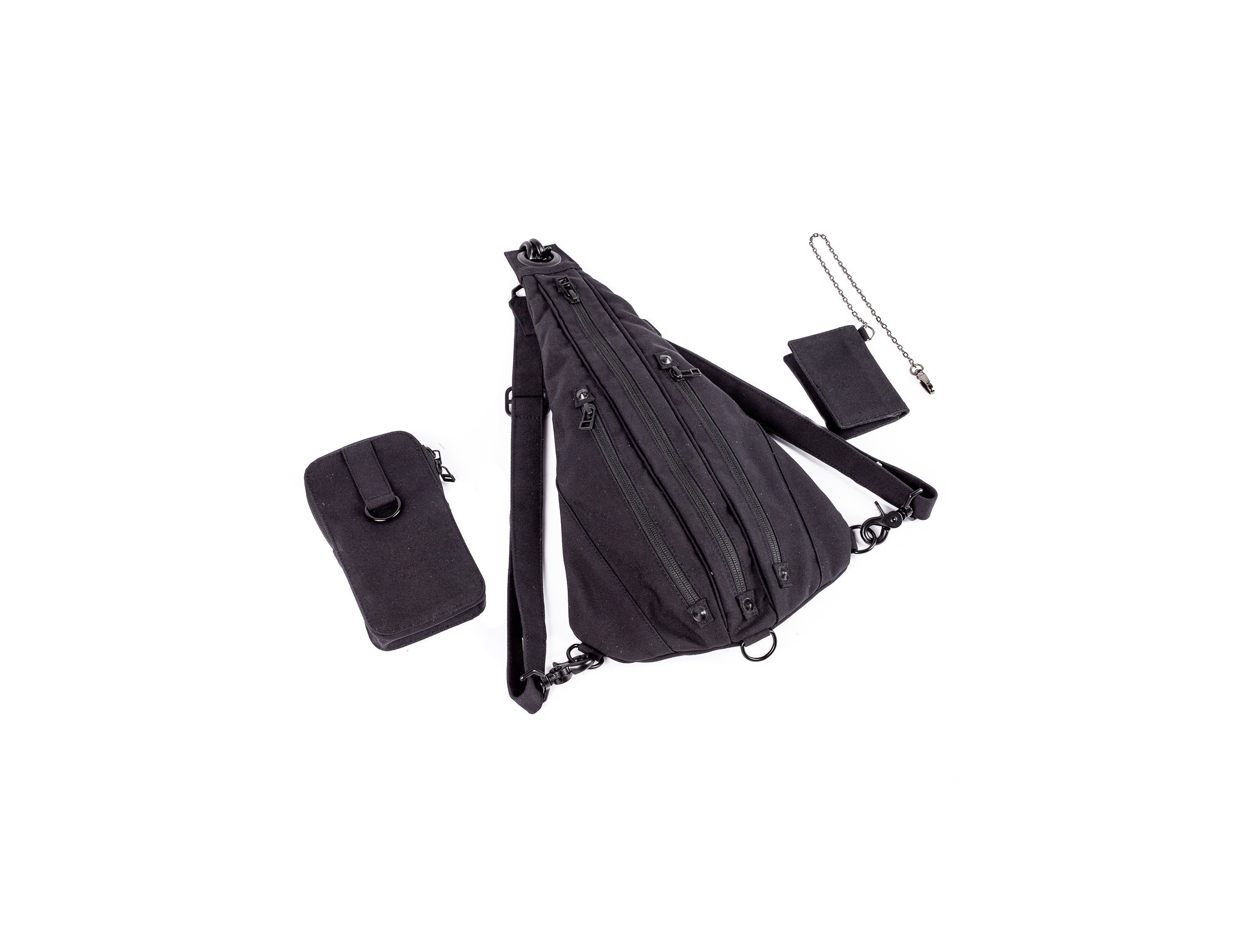 Tri Zipper Mini Backpack Tear Drop Bag in Black Canvas w/ Black Hardwa ...